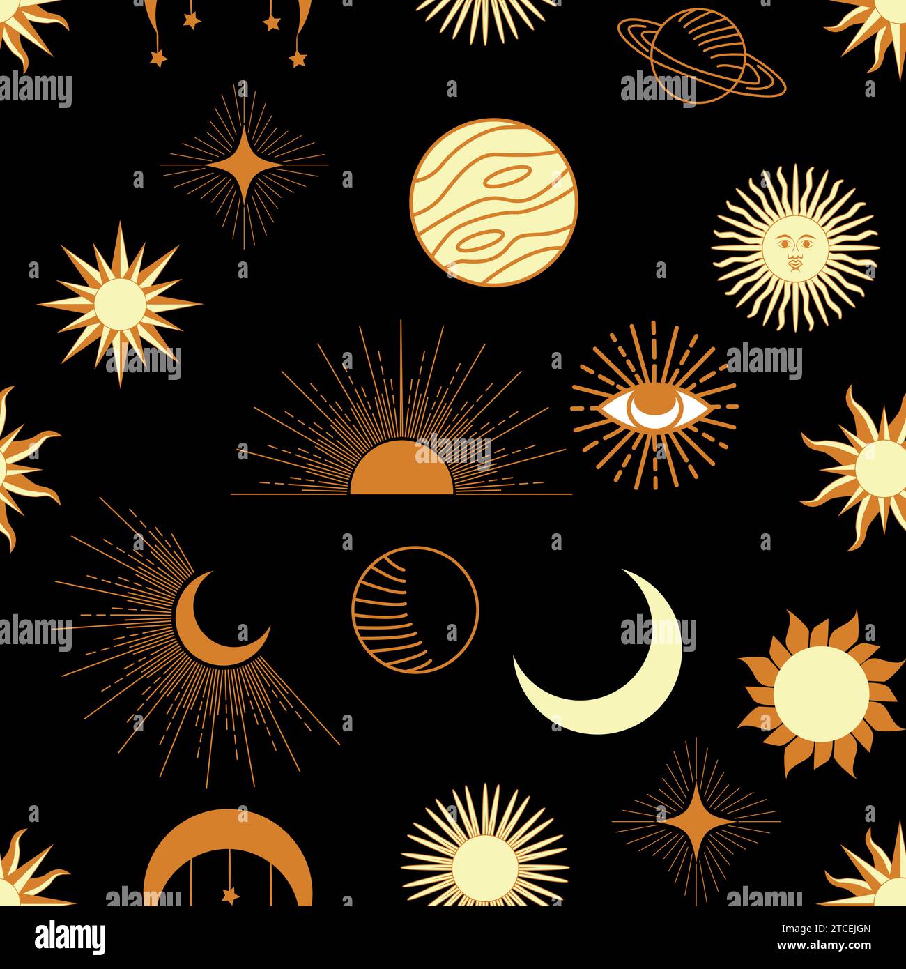 Magic seamless pattern with constellations, sun, moon, magic eyes, clouds and stars. Mystical ...