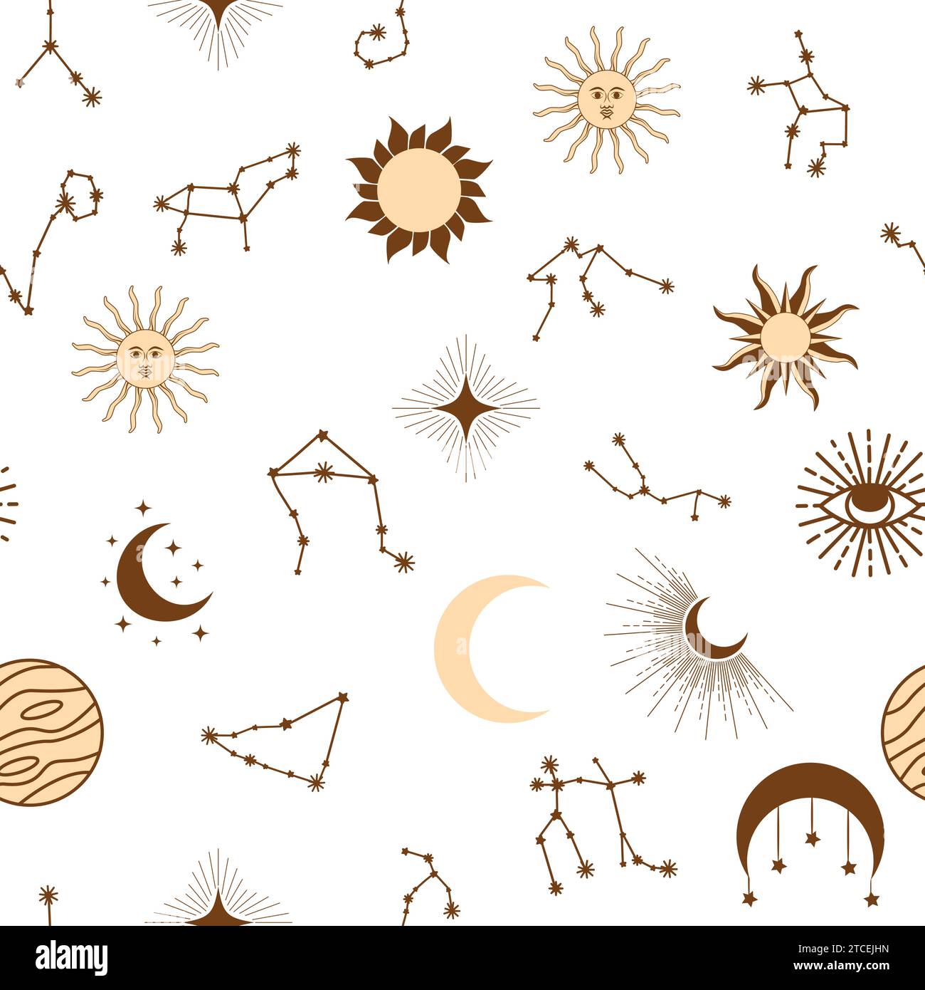Magic seamless pattern with constellations, sun, moon, magic eyes, clouds and stars. Mystical ...
