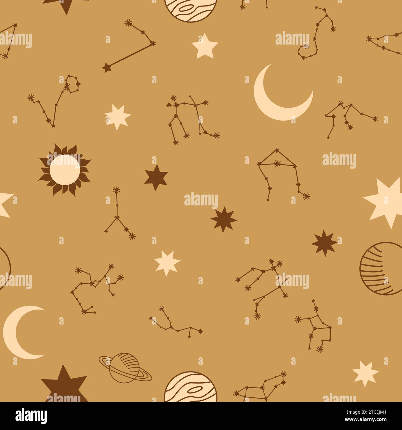 Magic seamless pattern with constellations, sun, moon, magic eyes, clouds and stars. Mystical ...
