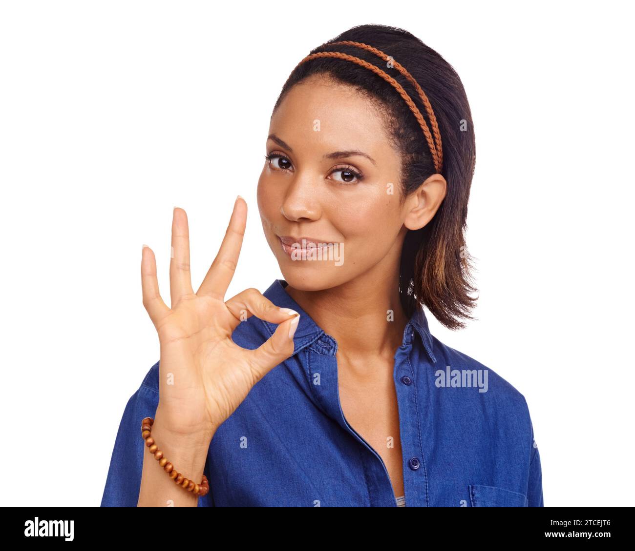 White background, portrait or black woman with perfect hand sign for ...