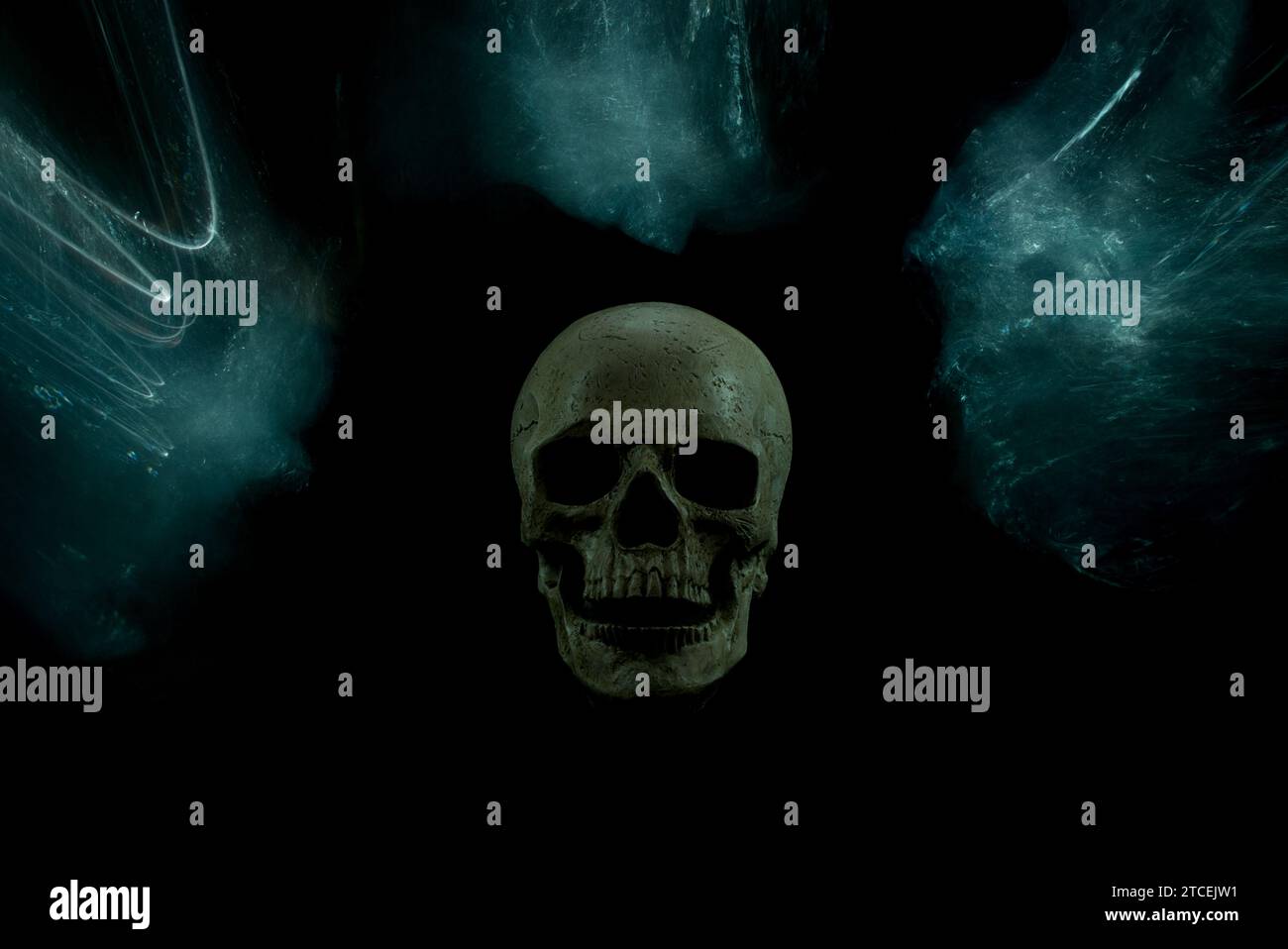 Skull on a black background adorned with dynamic blue-turquoise light ...