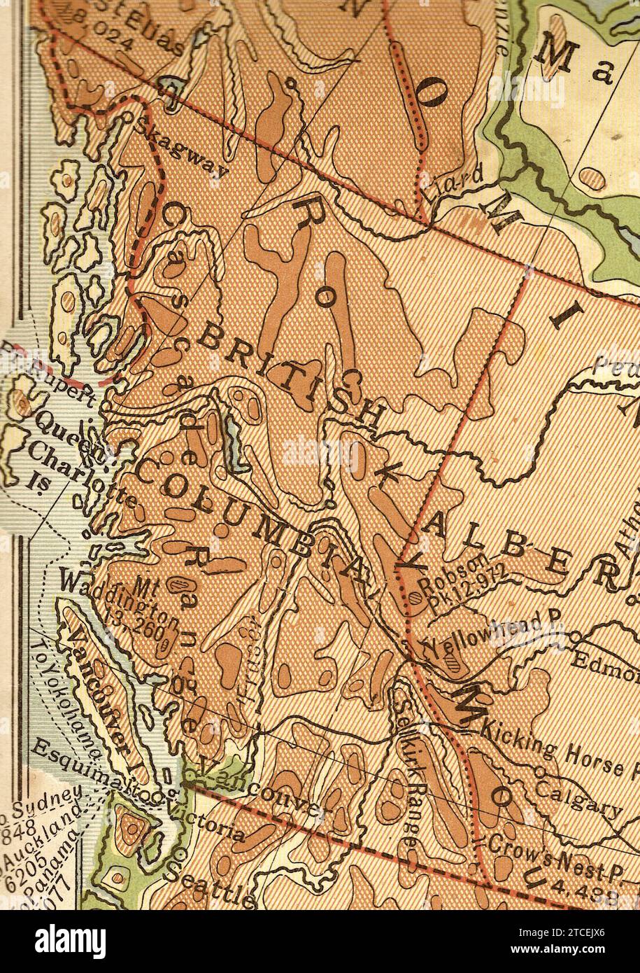 A vintage/antique geographical map in sepia showing British Columbia ...