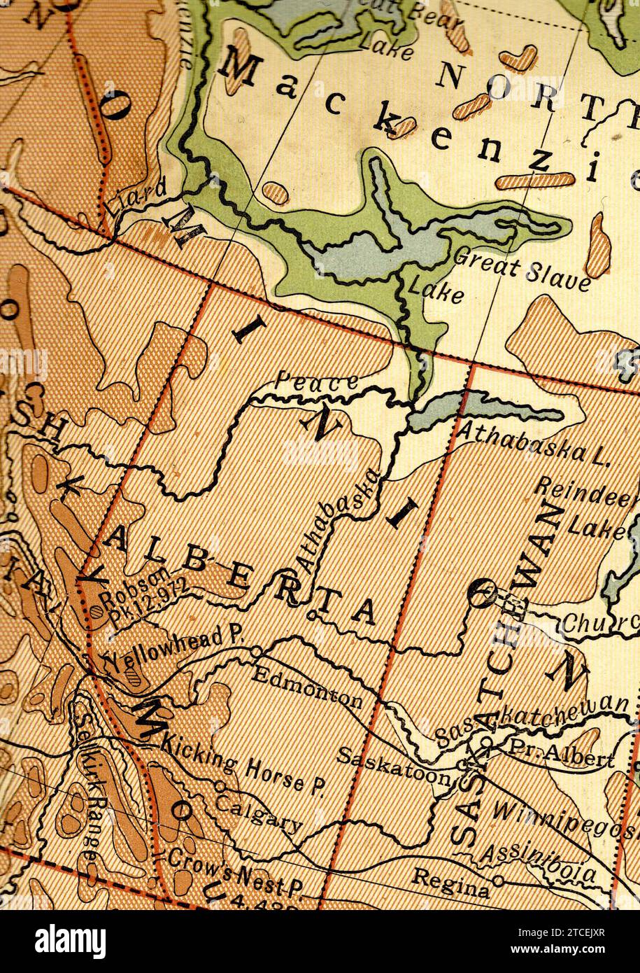 A vintage/antique geographical map in sepia showing Alberta, Canada ...