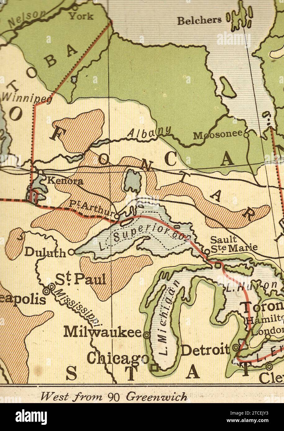 A vintage/antique geographical map in sepia showing the great lakes and ...