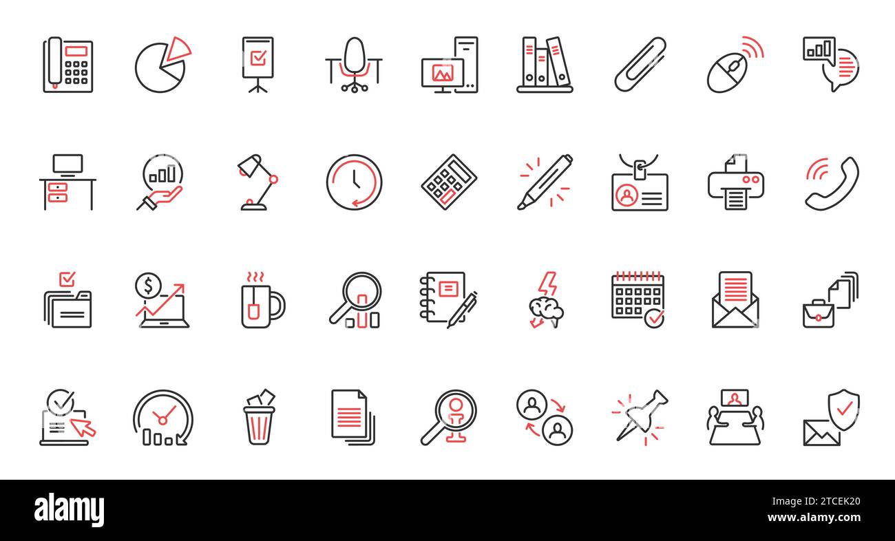 Vector illustration trendy red black thin line icons set office communication documents ...