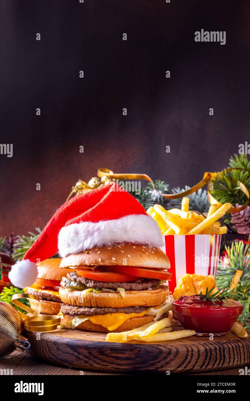 Christmas burger and french fries delivery menu. Big cheeseburger with ...
