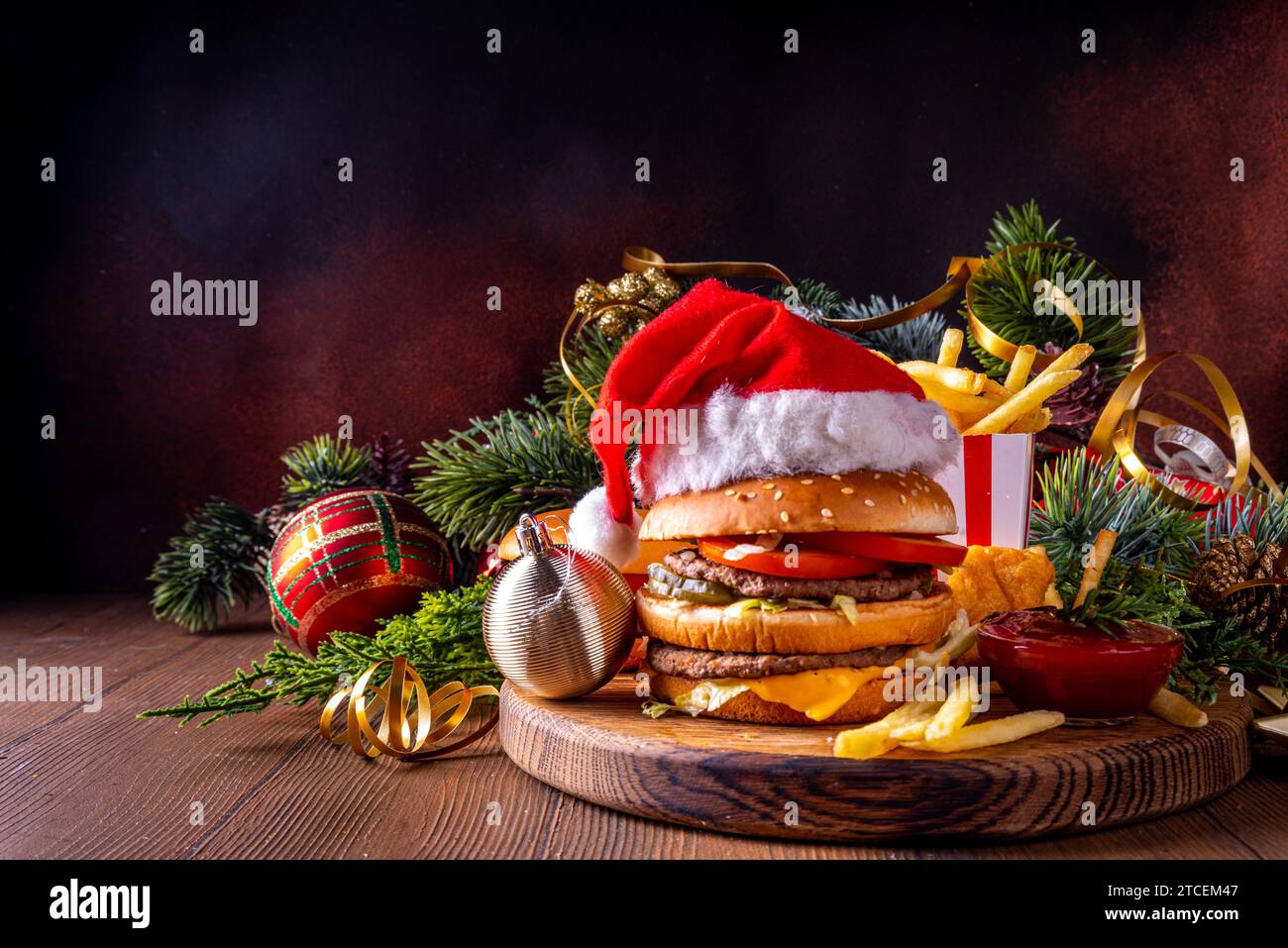 Christmas burger and french fries delivery menu. Big cheeseburger with french fries and ketchup ...