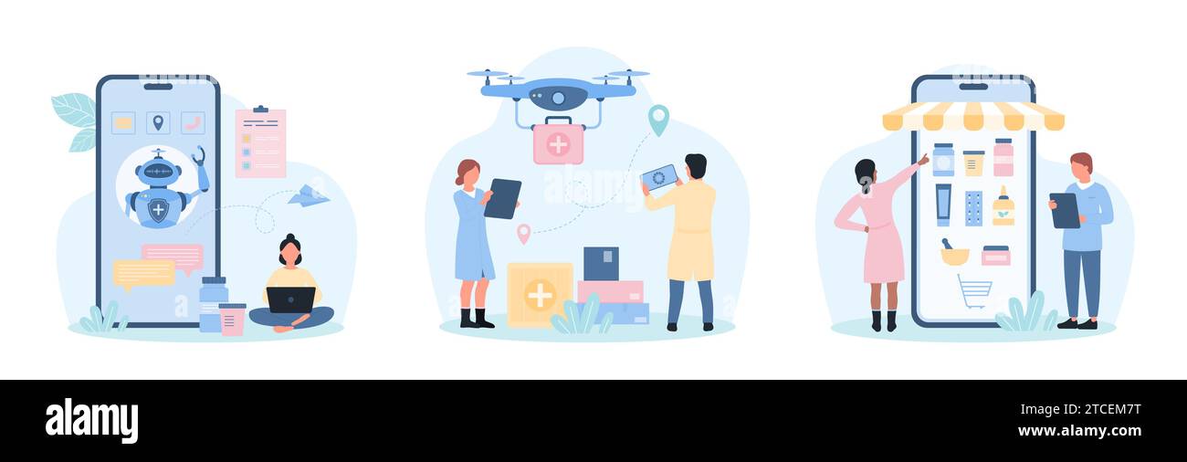 Medical services online set vector illustration. Cartoon tiny people ...