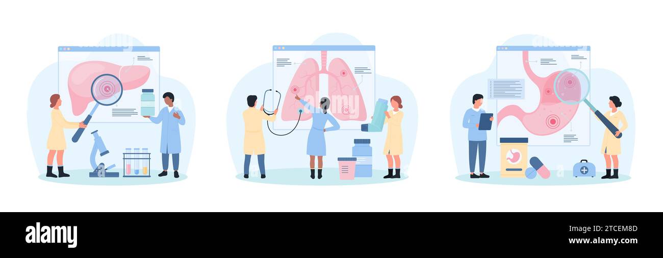 Study of internal organ diseases set vector illustration. Cartoon tiny ...