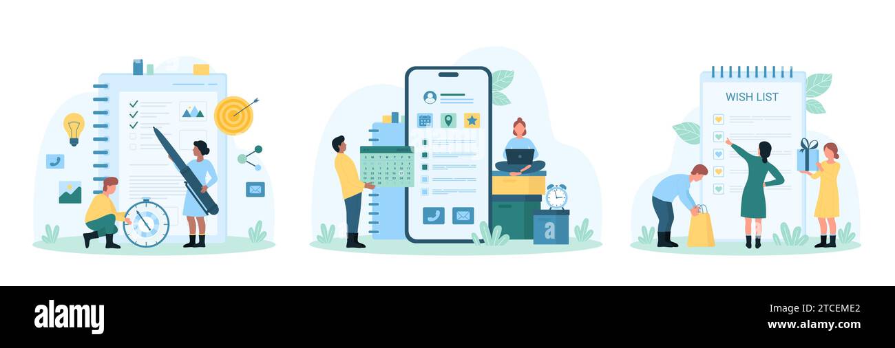 Planning tasks, management set vector illustration. Cartoon tiny people ...