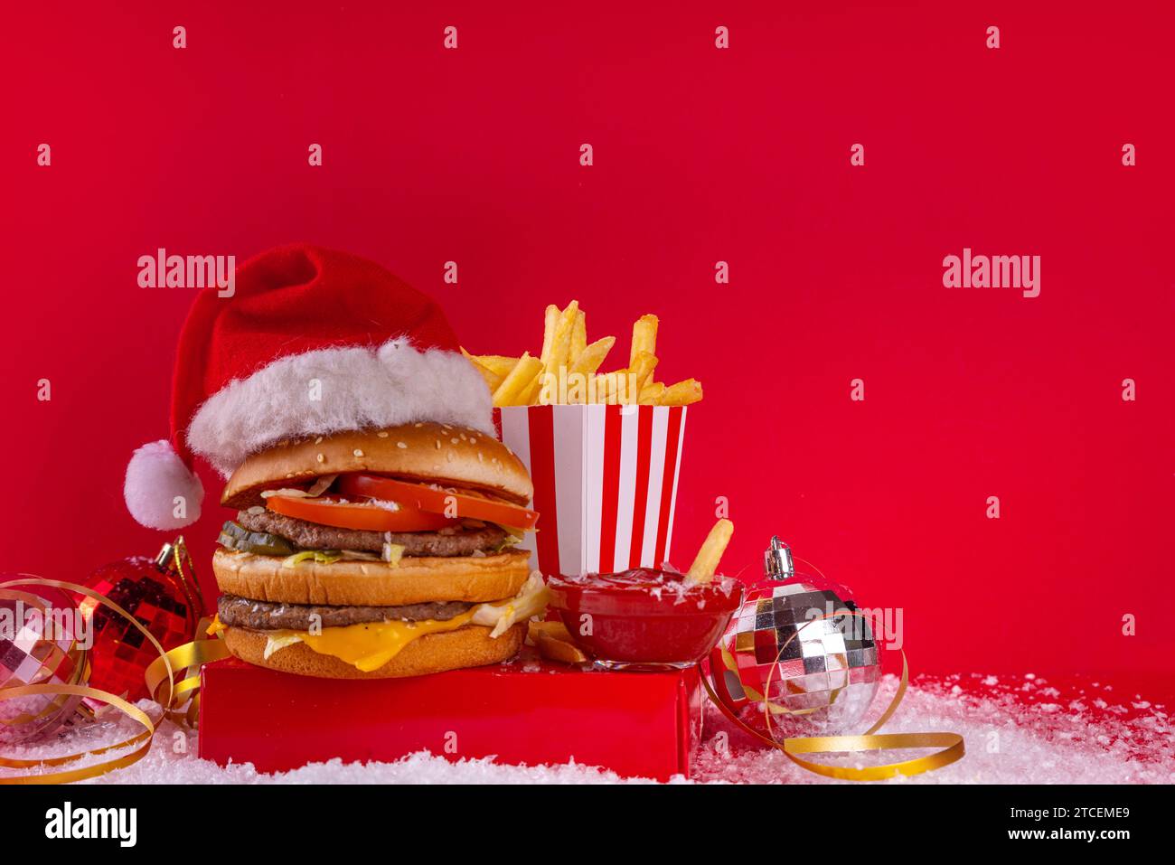 Christmas burger and french fries delivery menu. Big cheeseburger with ...