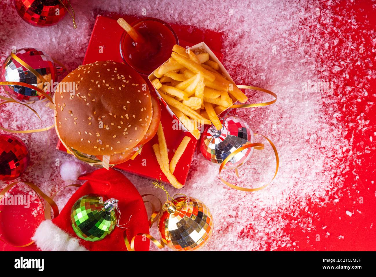 Christmas burger and french fries delivery menu. Big cheeseburger with ...