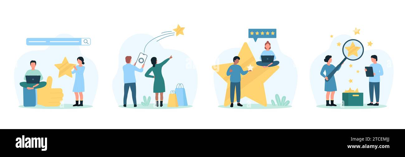 Customers feedback set vector illustration. Cartoon tiny people give ...
