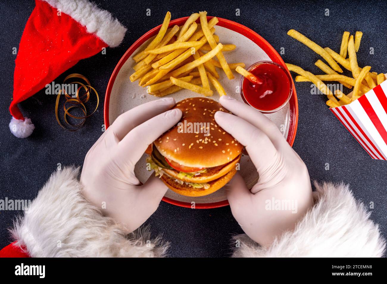 Christmas burger and french fries delivery menu. Santa hands with big ...