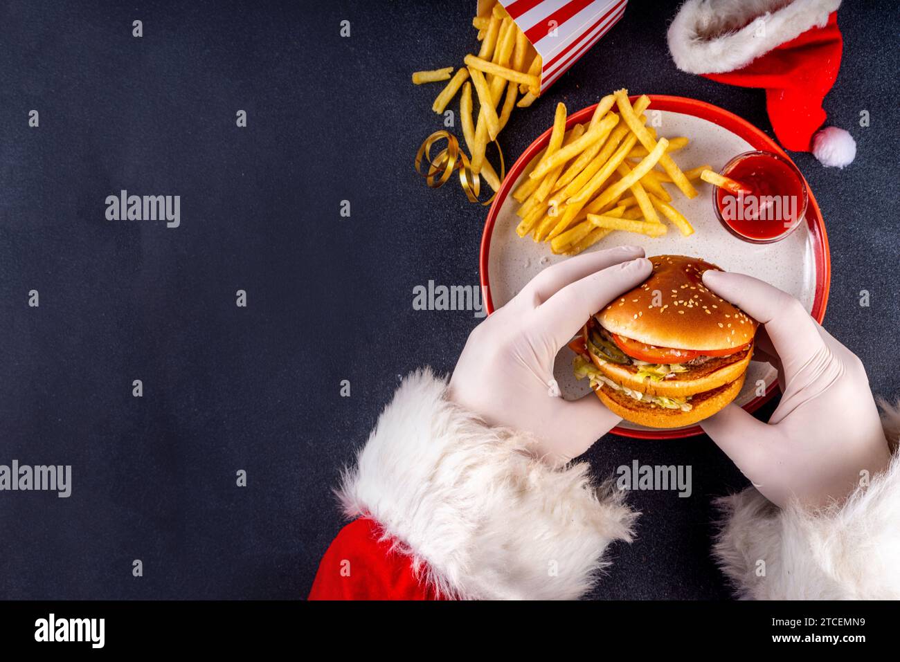 Christmas burger and french fries delivery menu. Santa hands with big ...