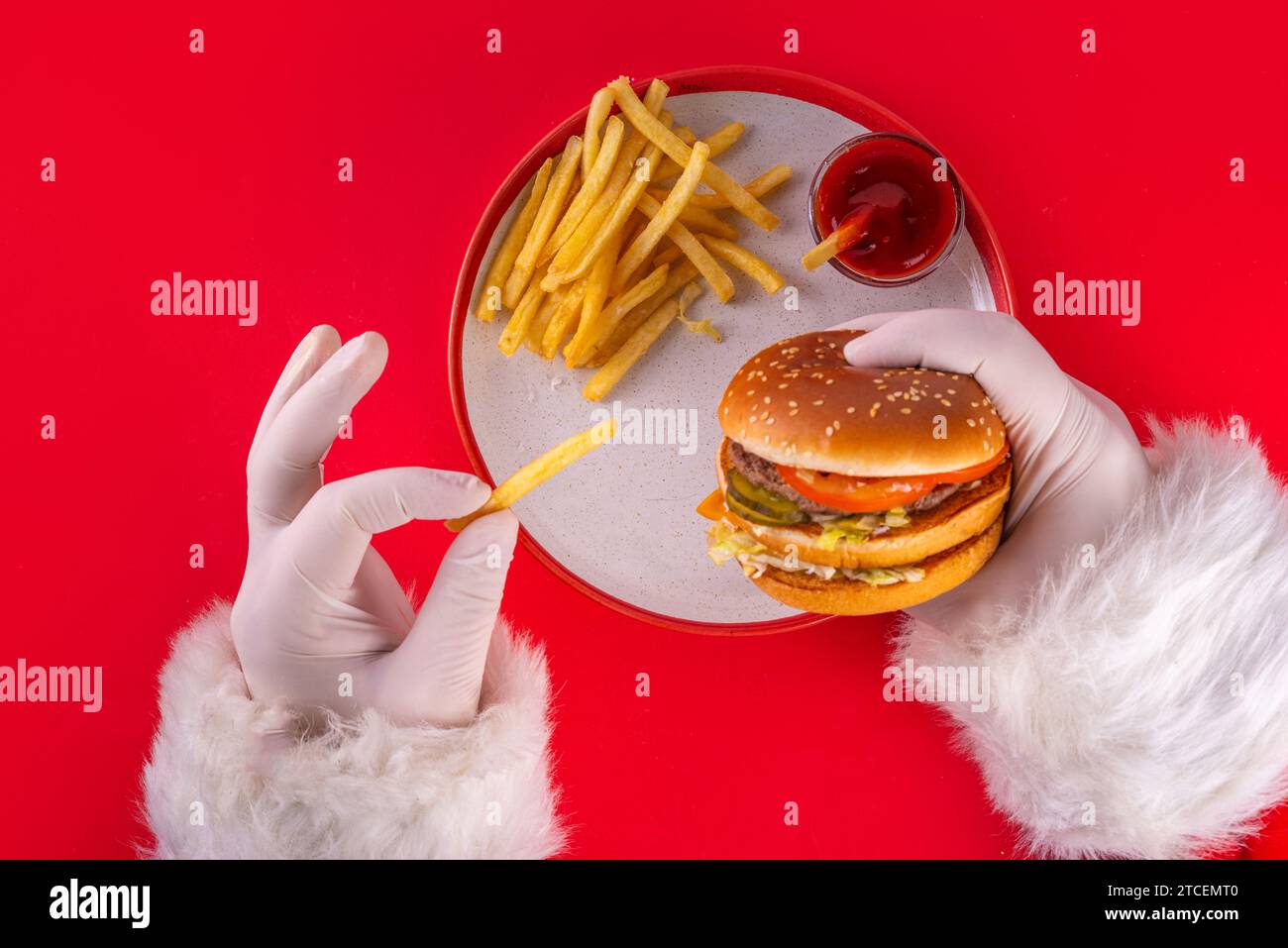 Christmas burger and french fries delivery menu. Santa hands with big ...