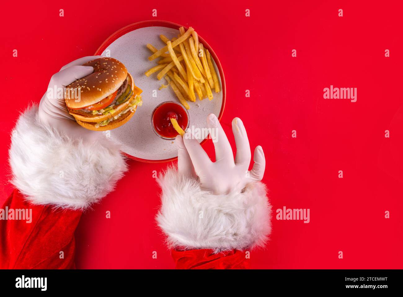 Christmas burger and french fries delivery menu. Santa hands with big ...
