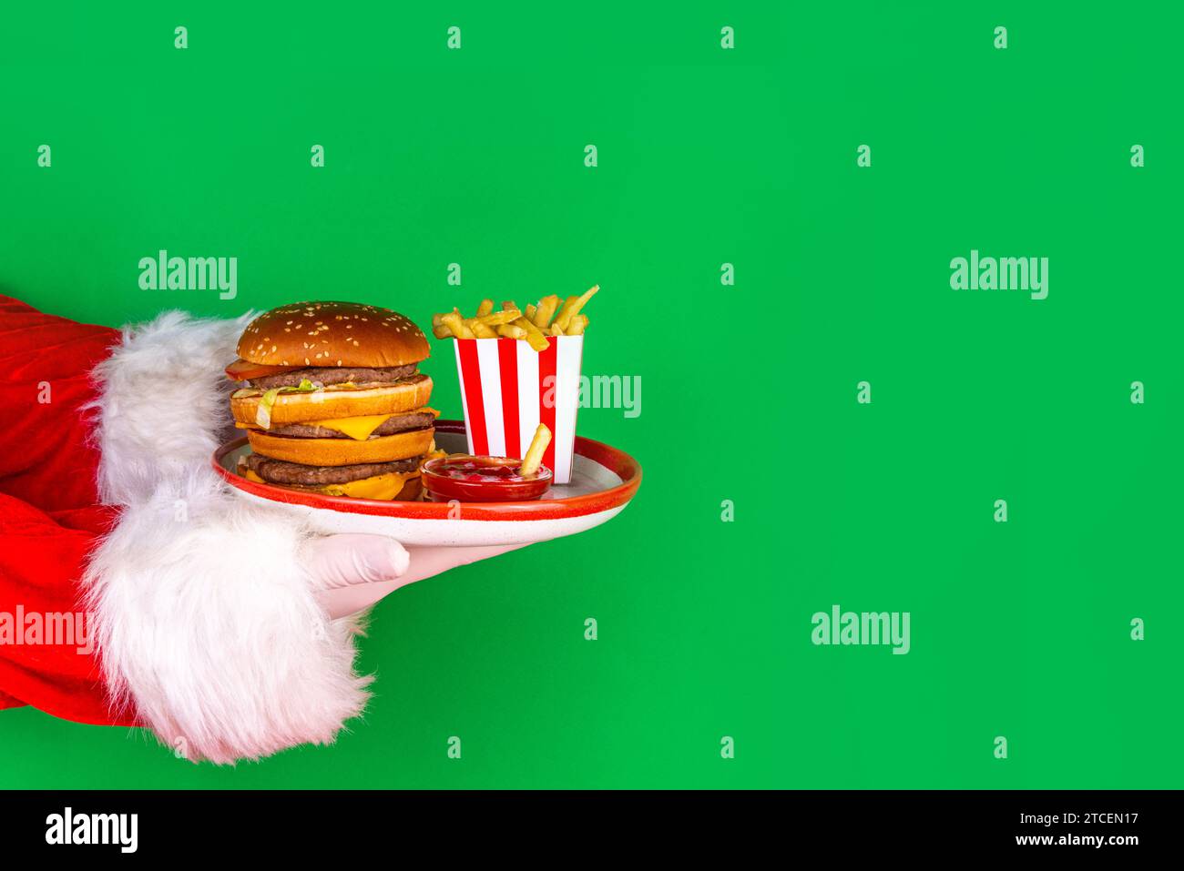 Christmas burger and french fries delivery menu. Santa hands with big ...