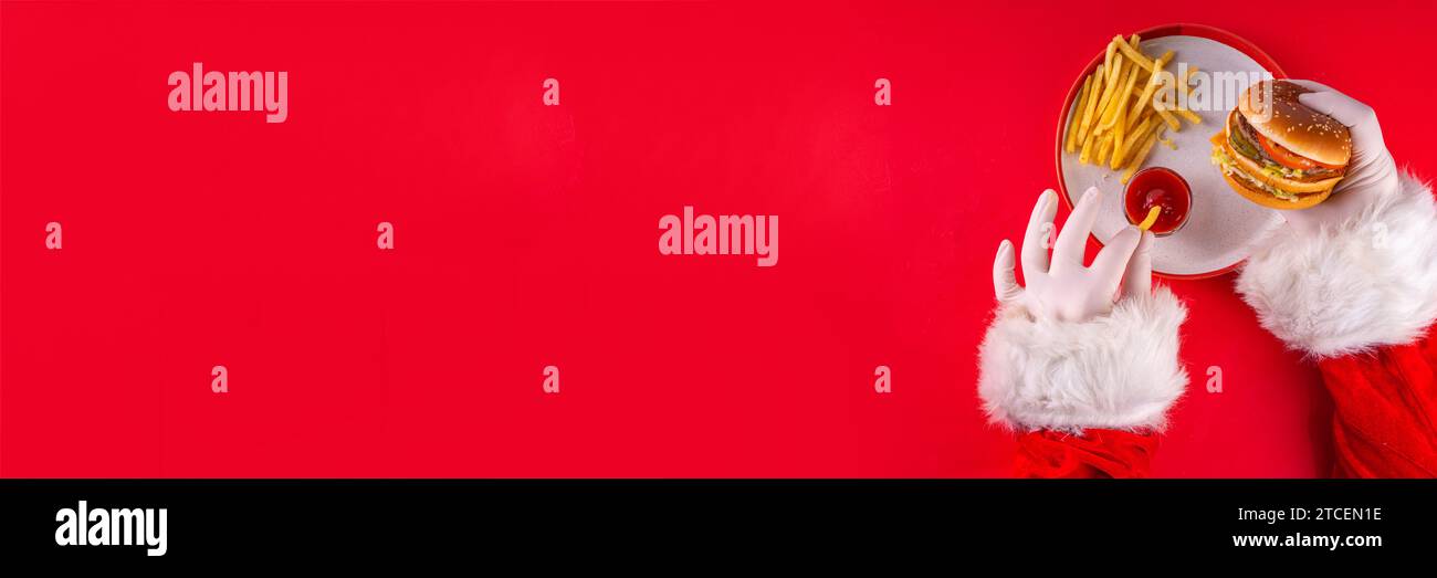 Christmas burger and french fries delivery menu. Santa hands with big ...