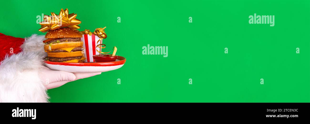 Christmas burger and french fries delivery menu. Santa hands with big ...