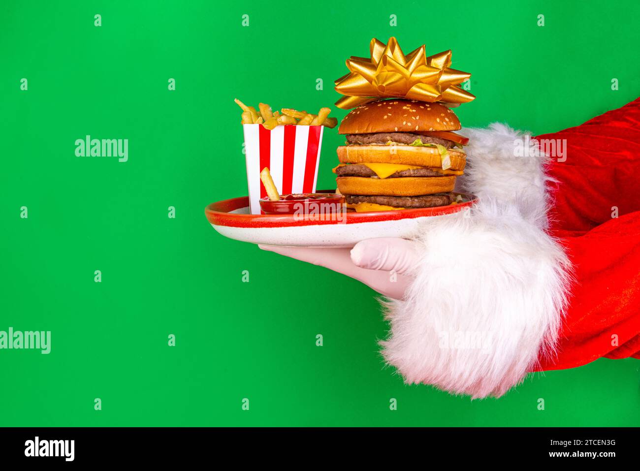 Christmas burger and french fries delivery menu. Santa hands with big ...