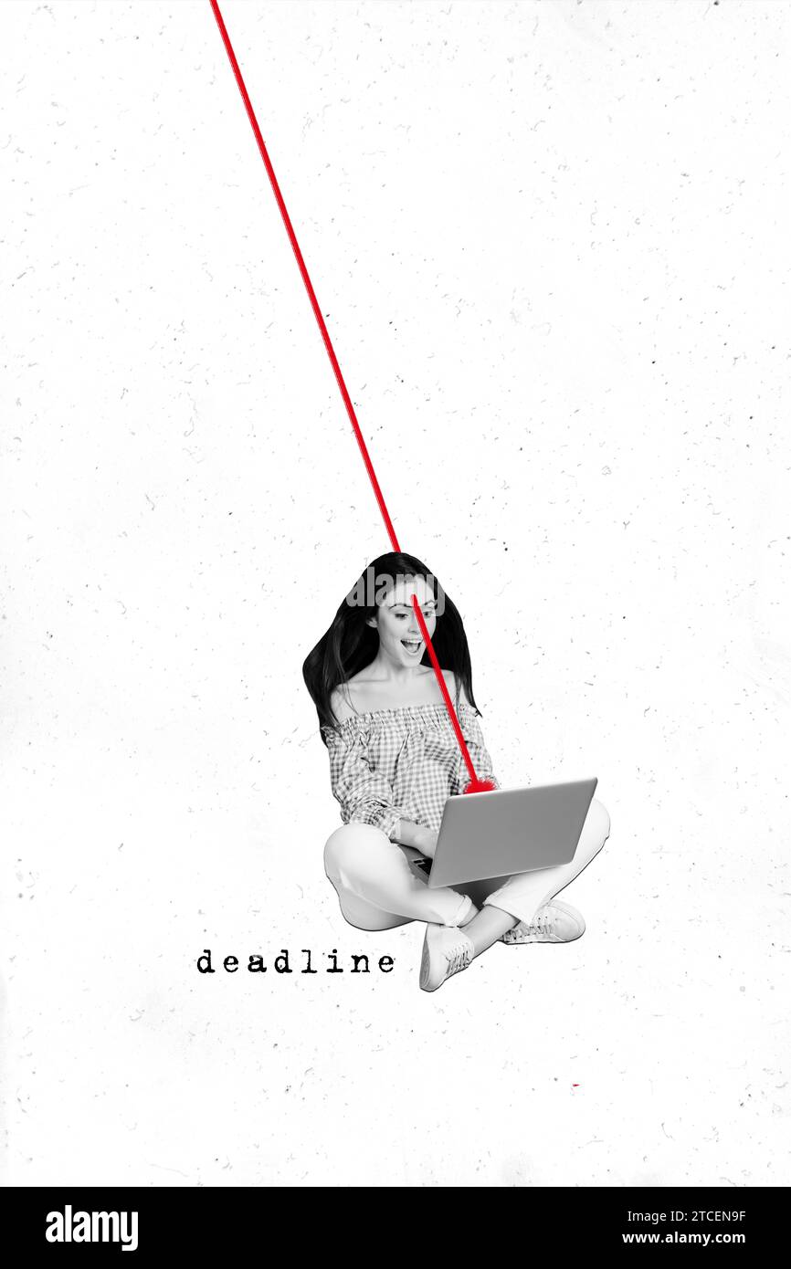 Vertical photo creative collage poster happy amazed young girl sitting ...