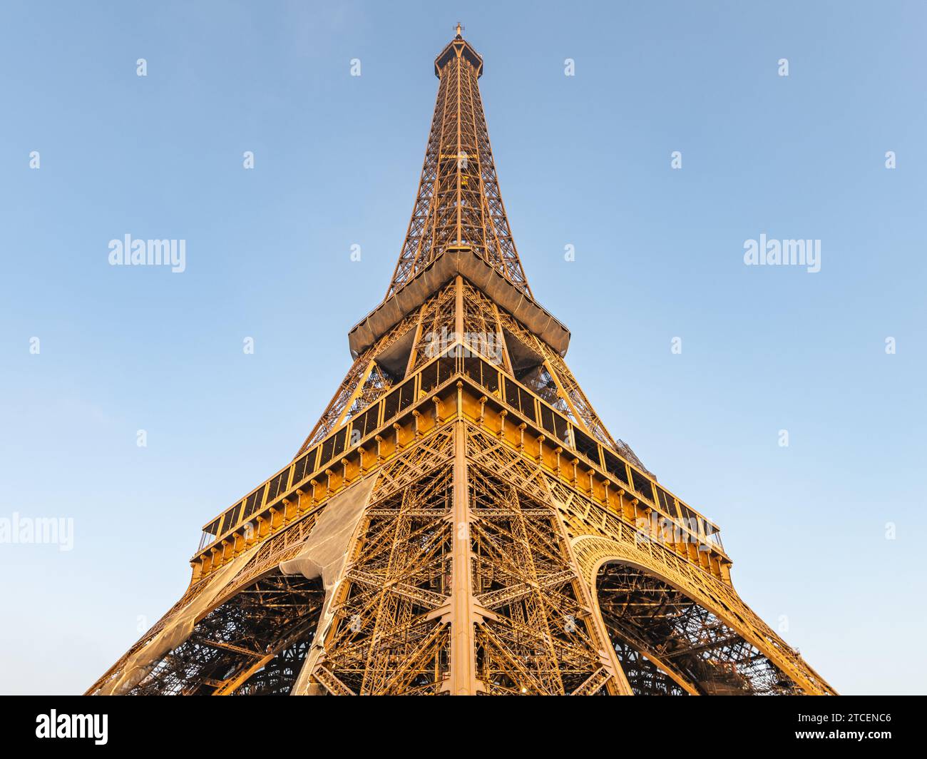 Eiffel Tower bottom-up view in the sunny morning. Paris, France Stock ...