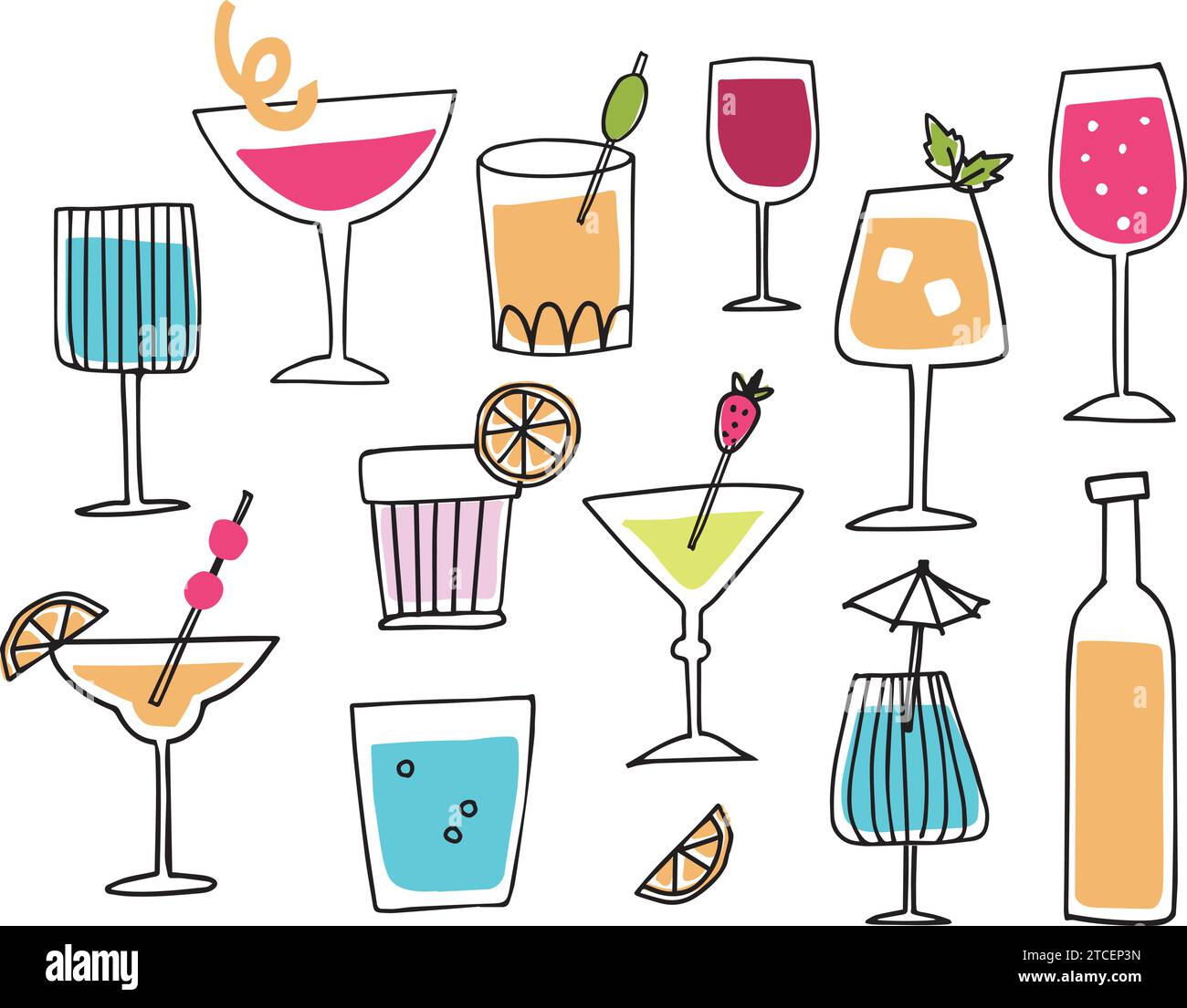 Collection of hand drawn doodle alcoholic drinks, cocktails with orange ...