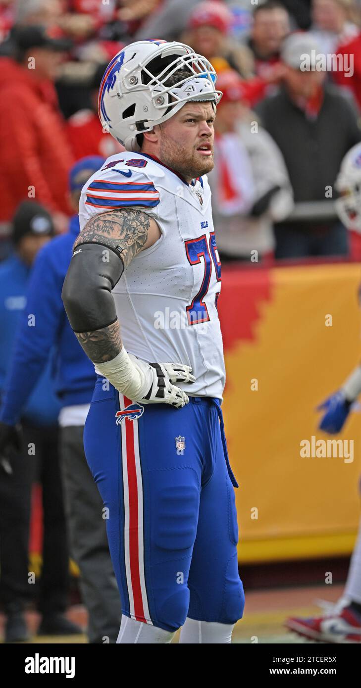 Buffalo Bills offensive tackle Spencer Brown (79) looks on before an ...