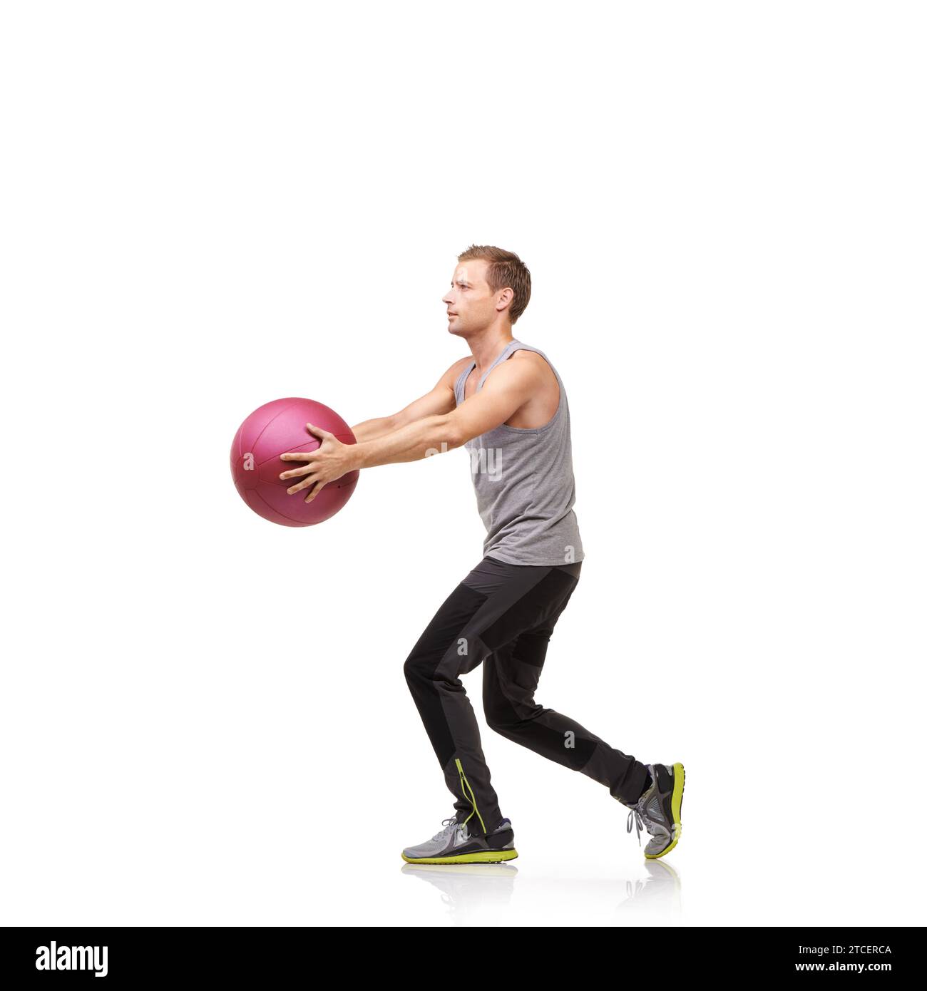 Man in studio with power, gym ball and mockup for exercise, body ...