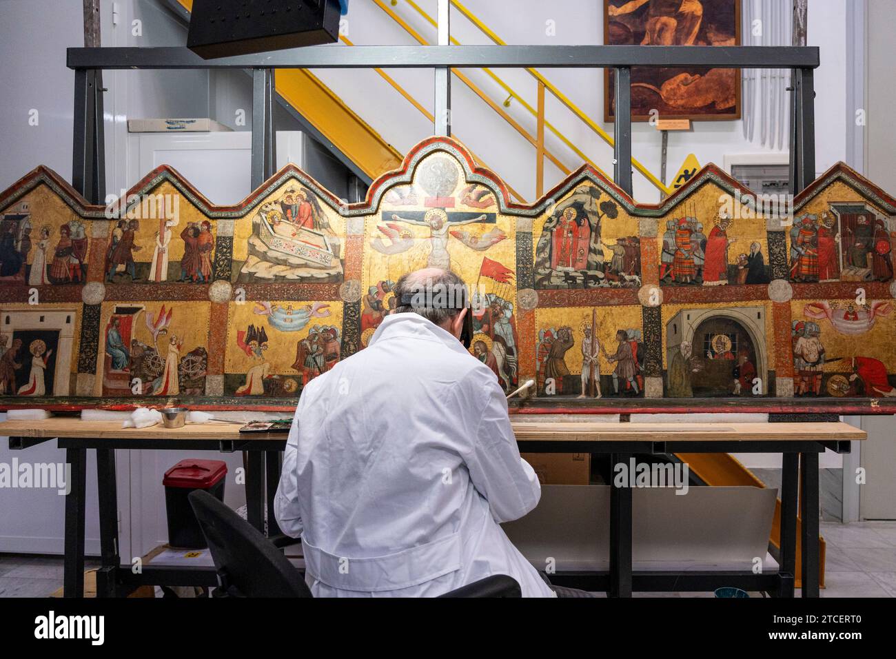 Vatican City, Vatican. 11th Dec, 2023. Restorer Marco Pratelli works on ...