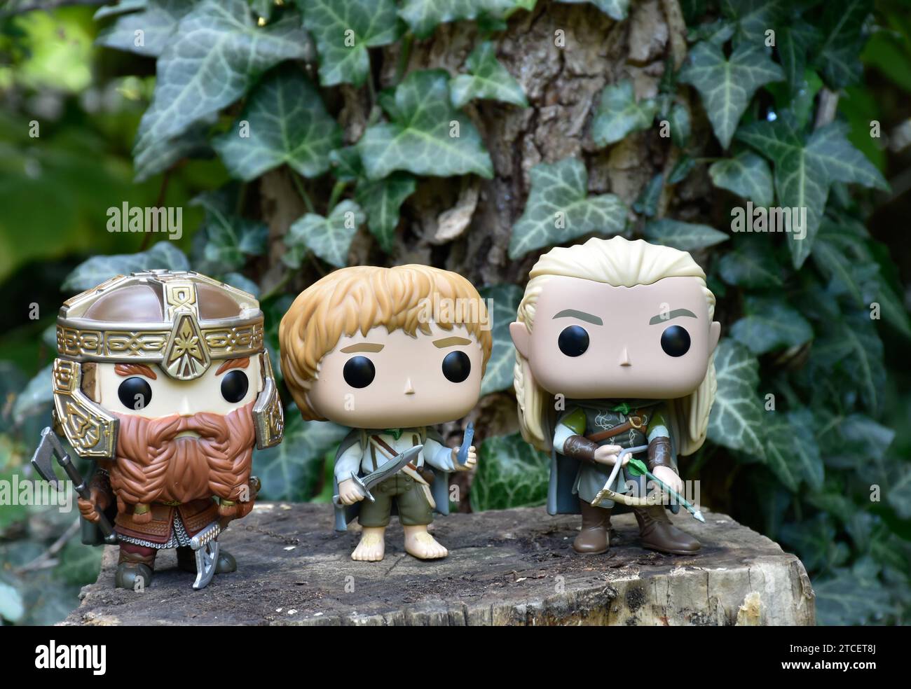 Funko Pop action figures of dwarf Gimli, hobbit Sam and elf Legolas ...