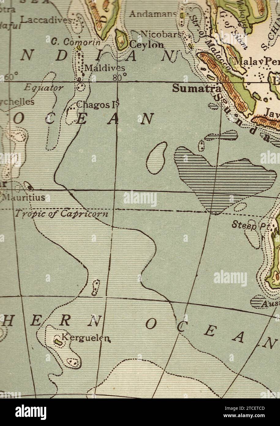 A vintage/antique geographical map showing the Indian Ocean Stock Photo ...