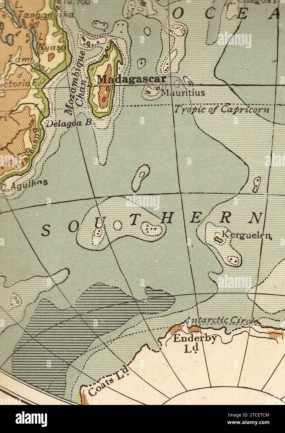 A vintage/antique geographical map showing Madagascar and the Antarctic ...