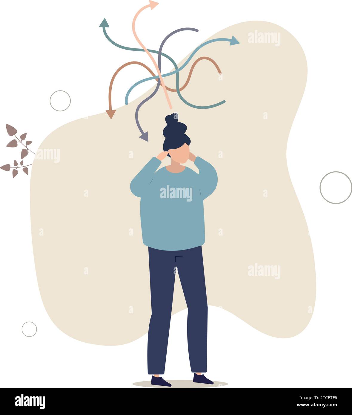 Decision fatigue and tired female with confusion struggle . Doubt and ...