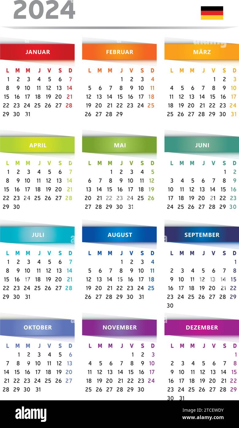 2024 Calendar with Boxes in Rainbow Colors 4 Columns - German Language ... 2024 Calendar with Boxes in Rainbow Colors 4 Columns - German Language ...