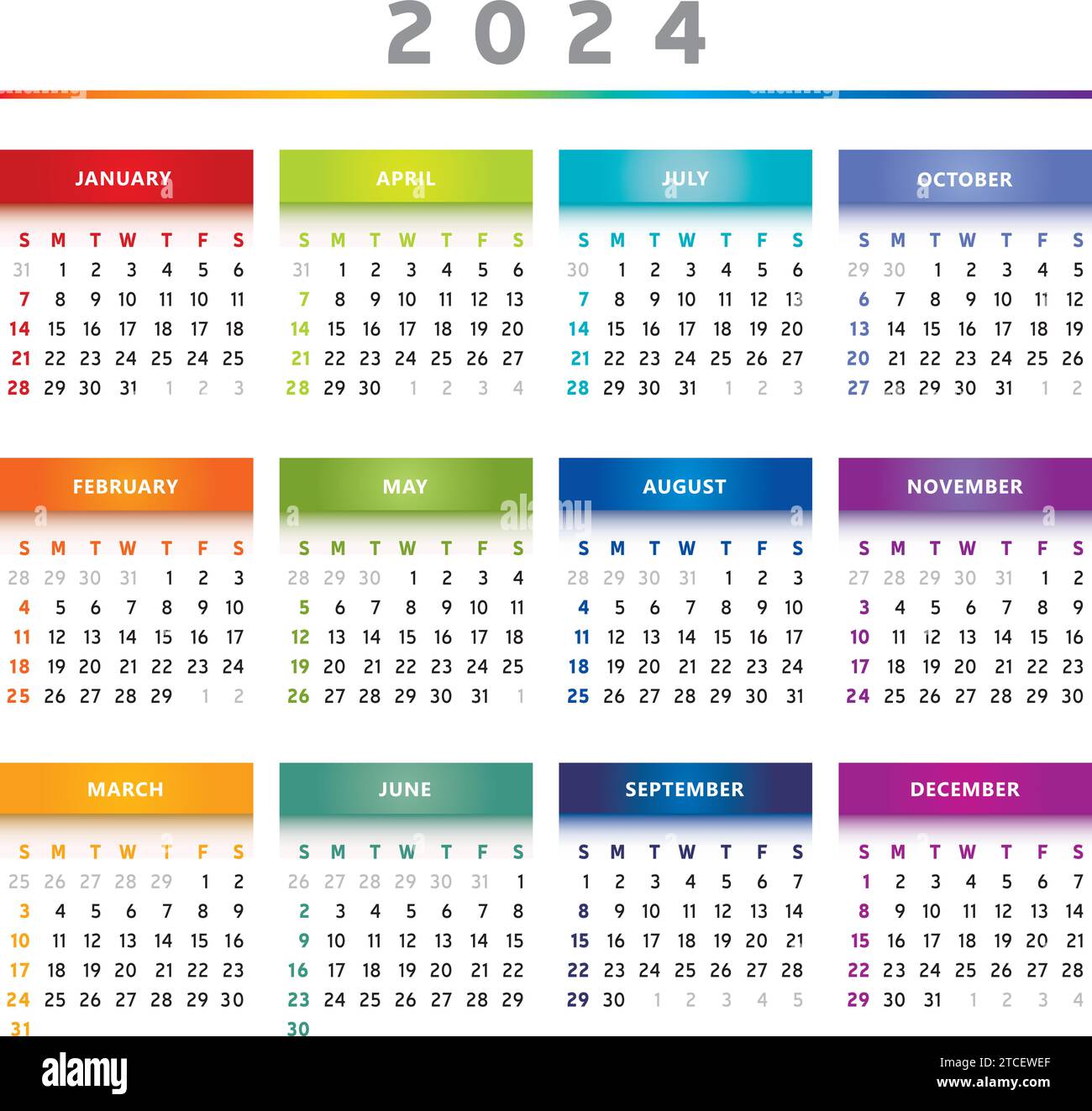 2024 Calendar With Boxes In Rainbow Colors 4 Columns English Language 2024 Calendar With Boxes In Rainbow Colors 4 Columns English Language