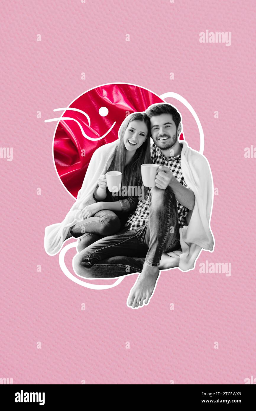 Creative vertical collage poster lovers sitting cuddling under blanket ...