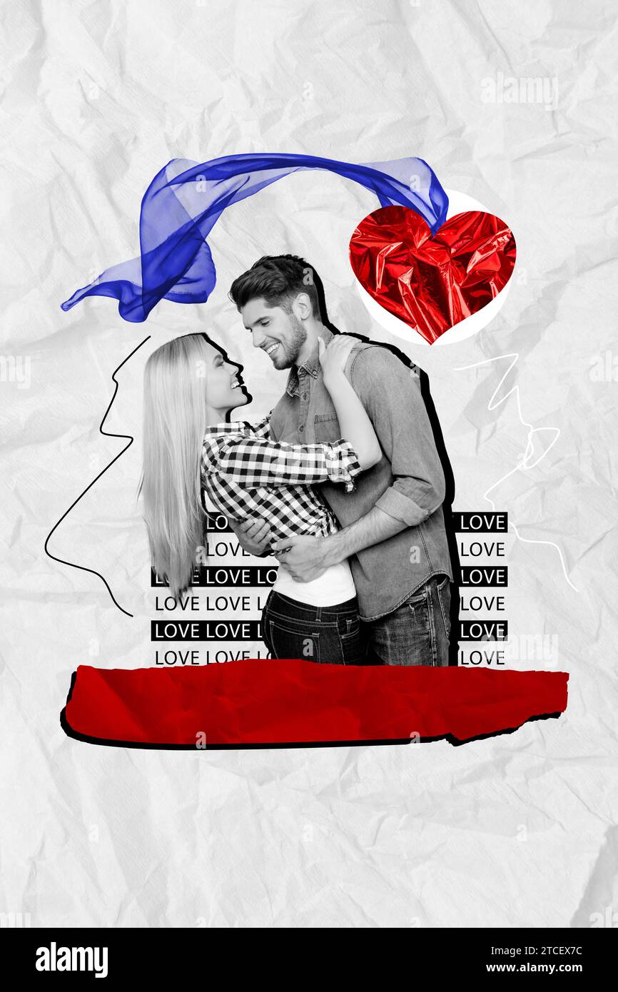 Collage artwork vertical poster happy young loverrs partners ready kiss ...