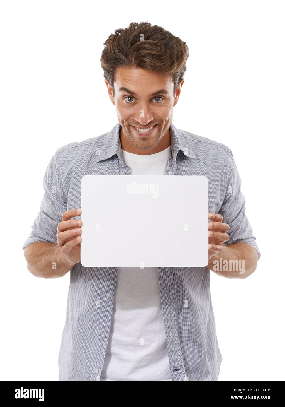 Portrait, sign and happy man on poster, advertising and mockup space ...