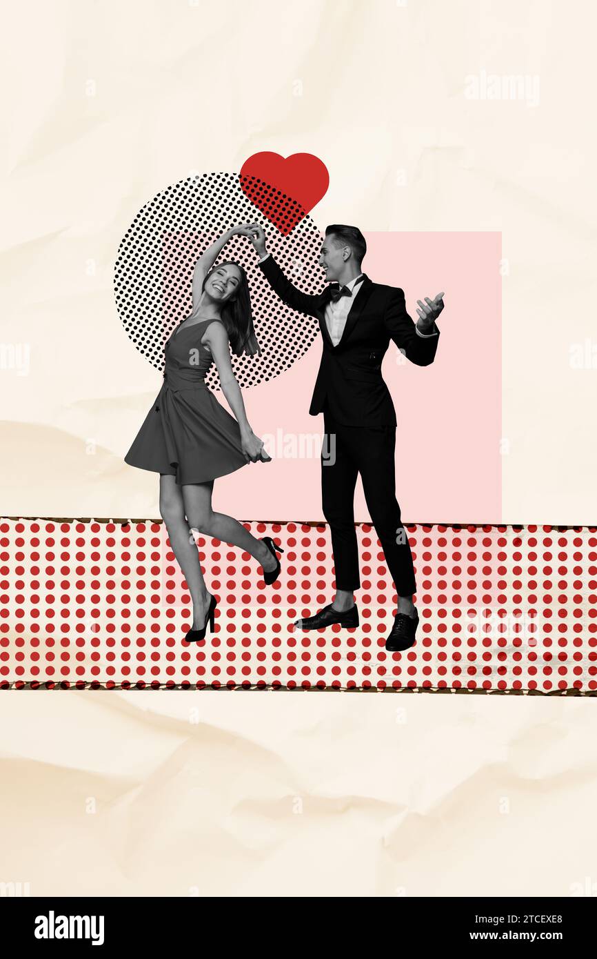 Creative vertical collage picture dancing beautiful couple lovers suit ...