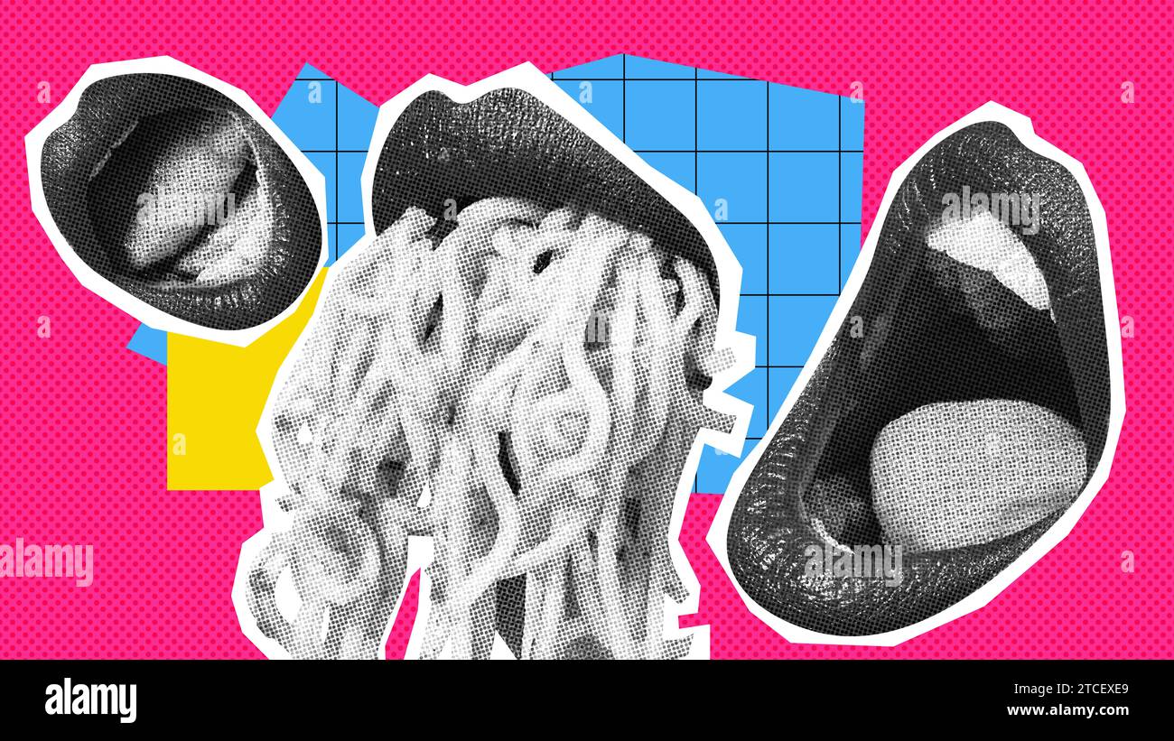 Female mouth eating delicious pasta over colorful background. Pop art ...