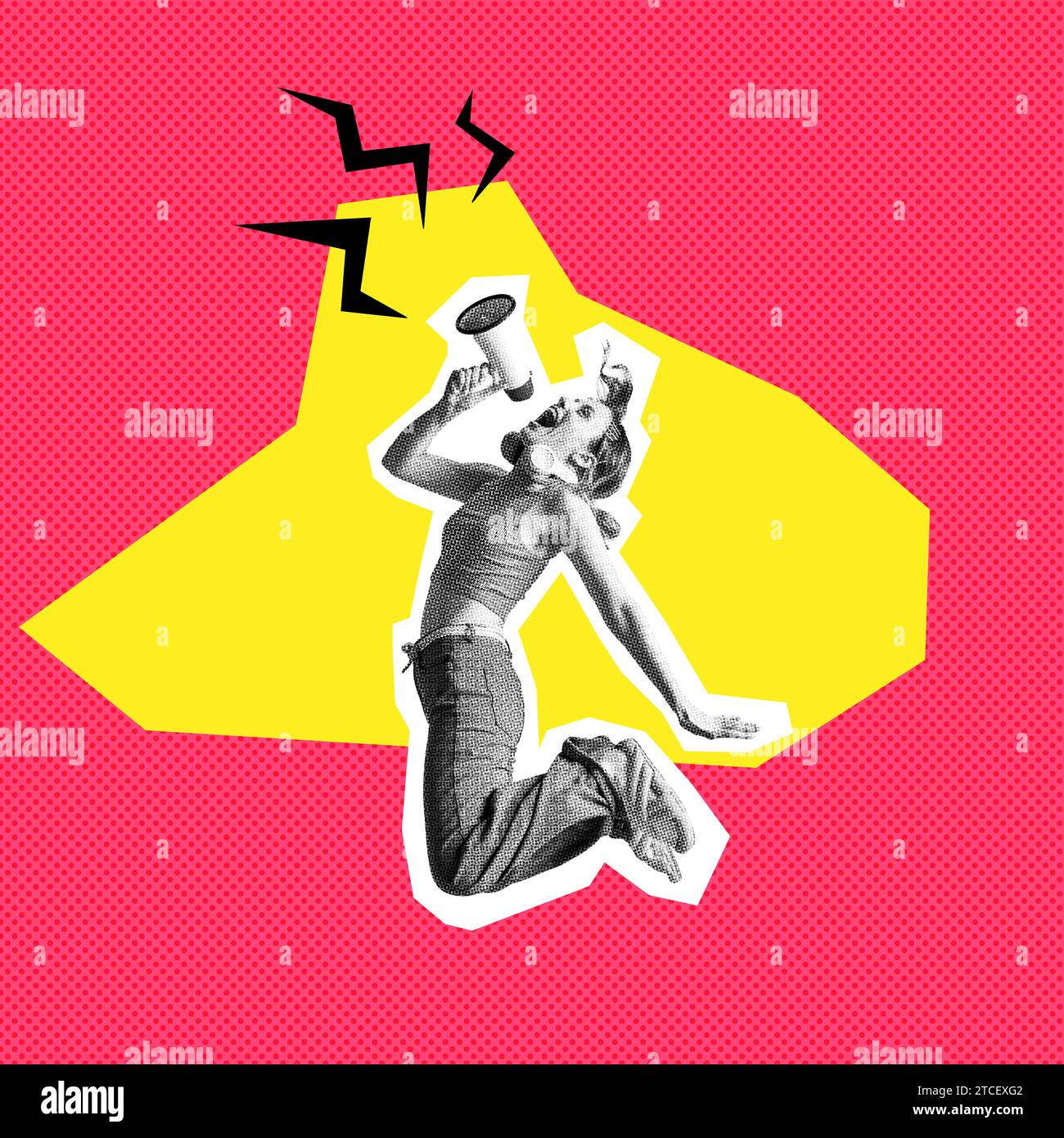 Young woman jumping and emotionally shouting in megaphone over bright ...