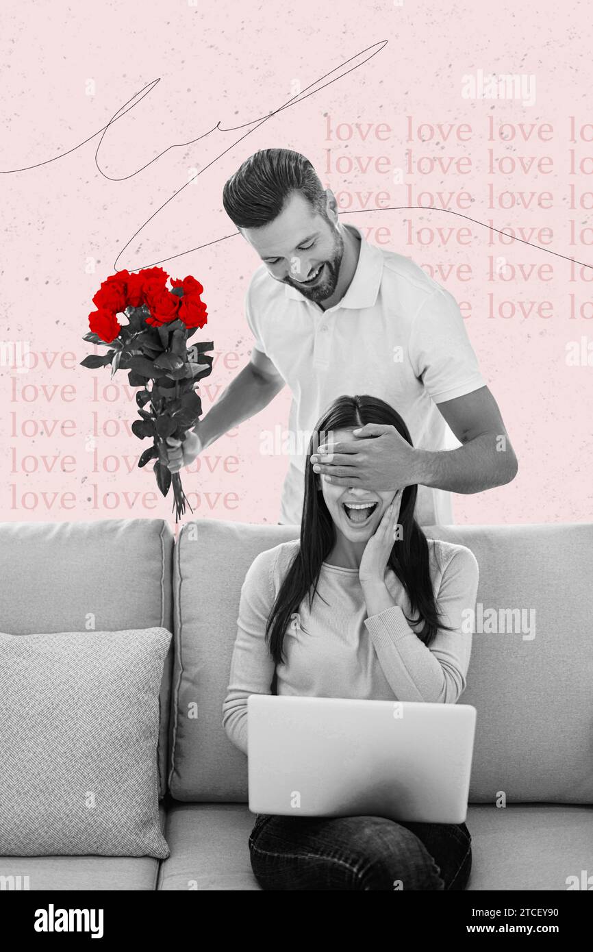 Vertical romantic photo collage of man made surprise present bouquet to ...