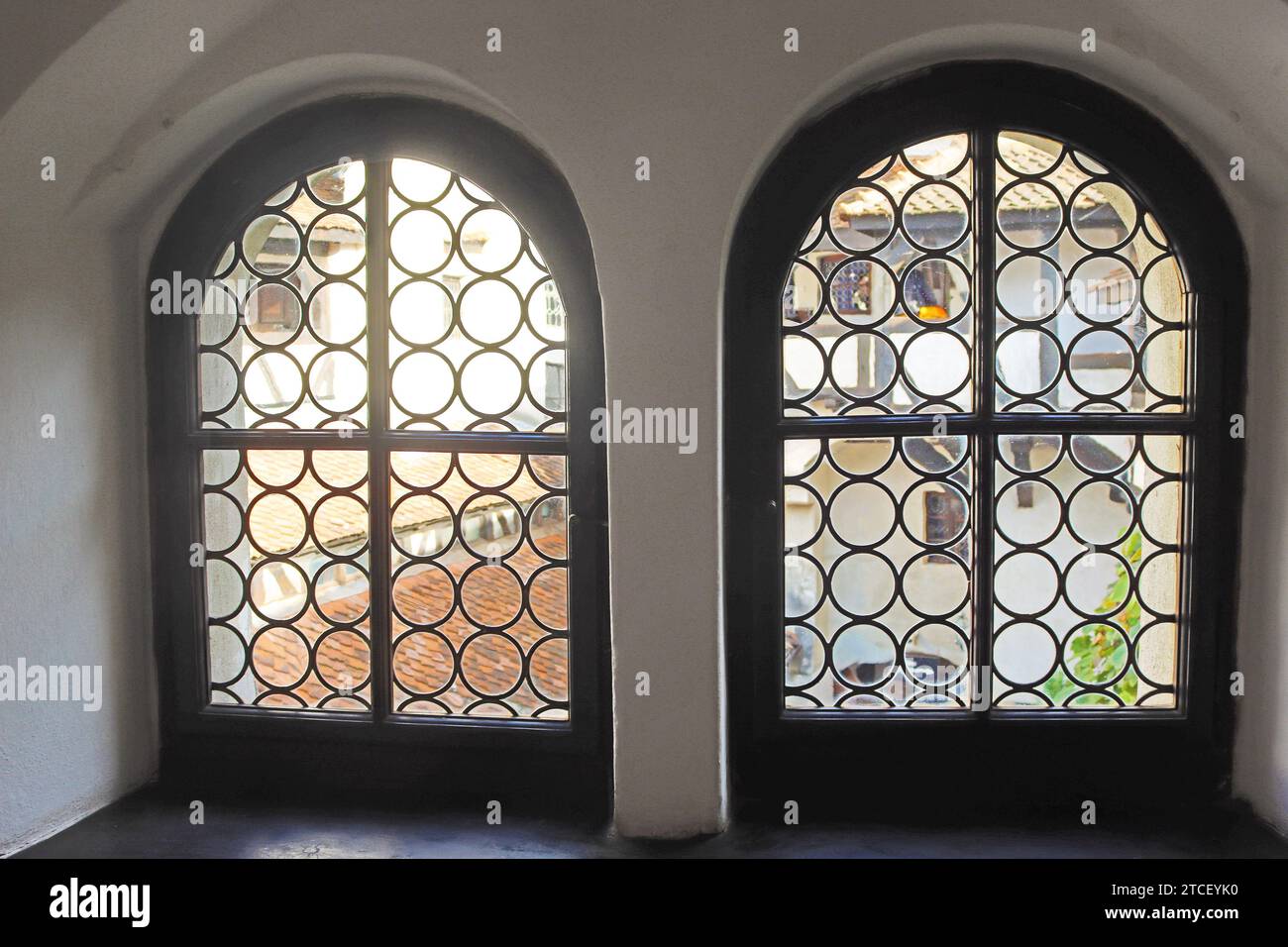 View from Bran Castle or Dracula Castle window to the yard ...