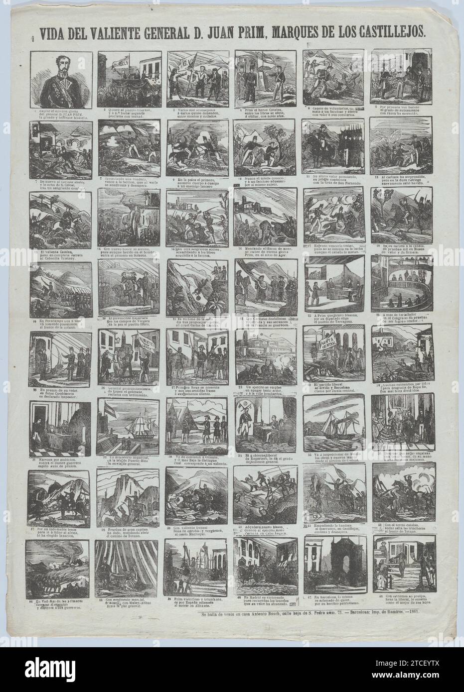 Broadside with 48 scenes relating to the life of General Juan Prim y ...