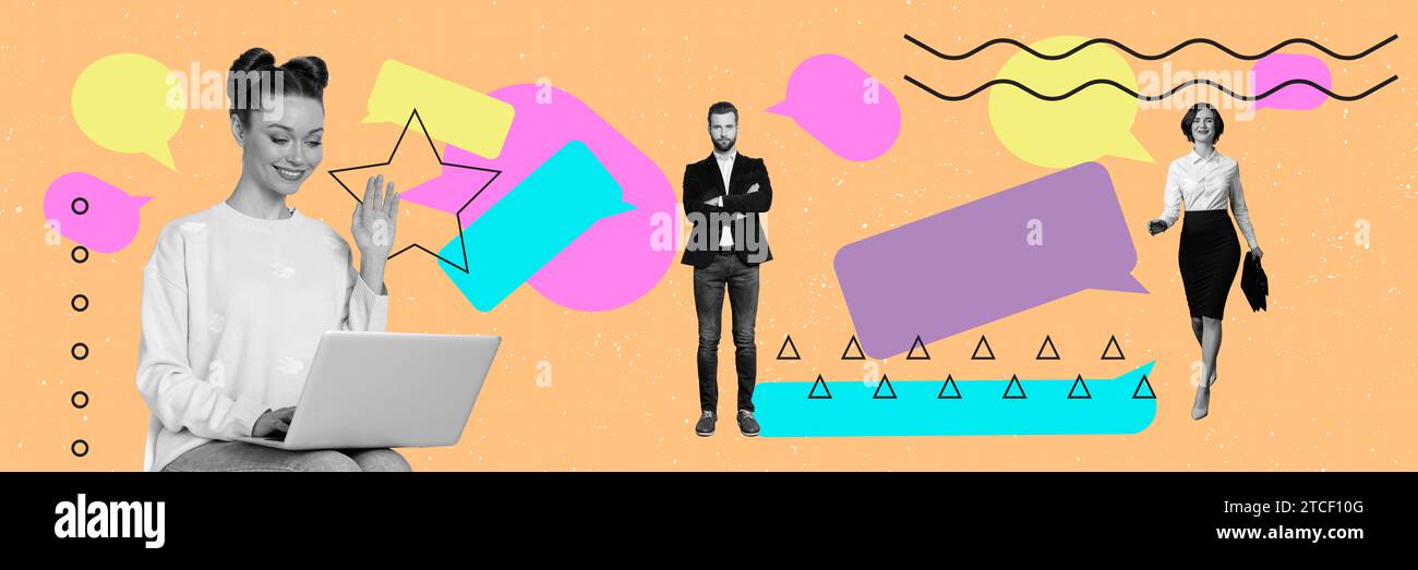 Horizontal collage of young applicant woman greetings to ceos business ...