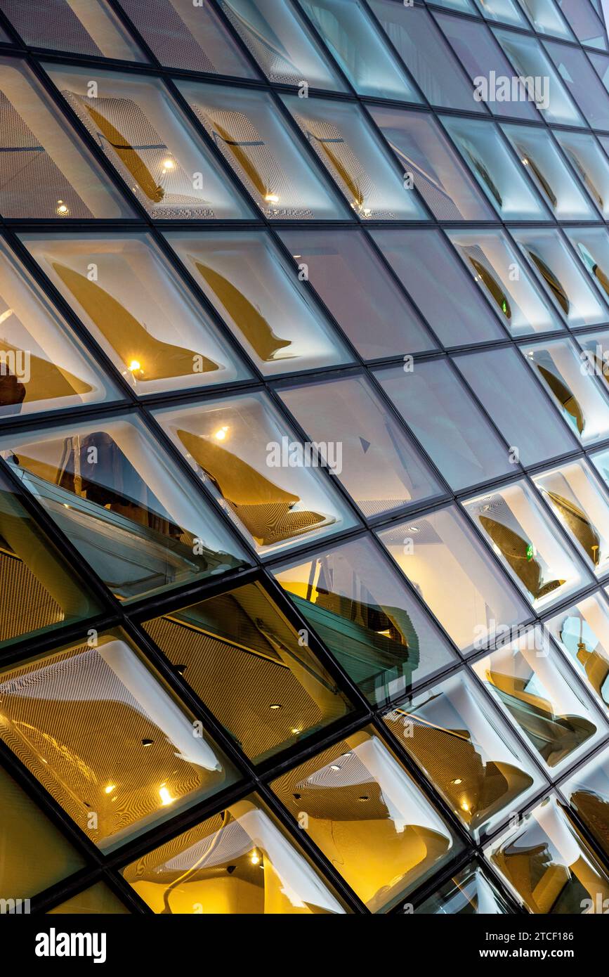 detail of rhomboid-shaped window with yellow and blue lights Stock ...