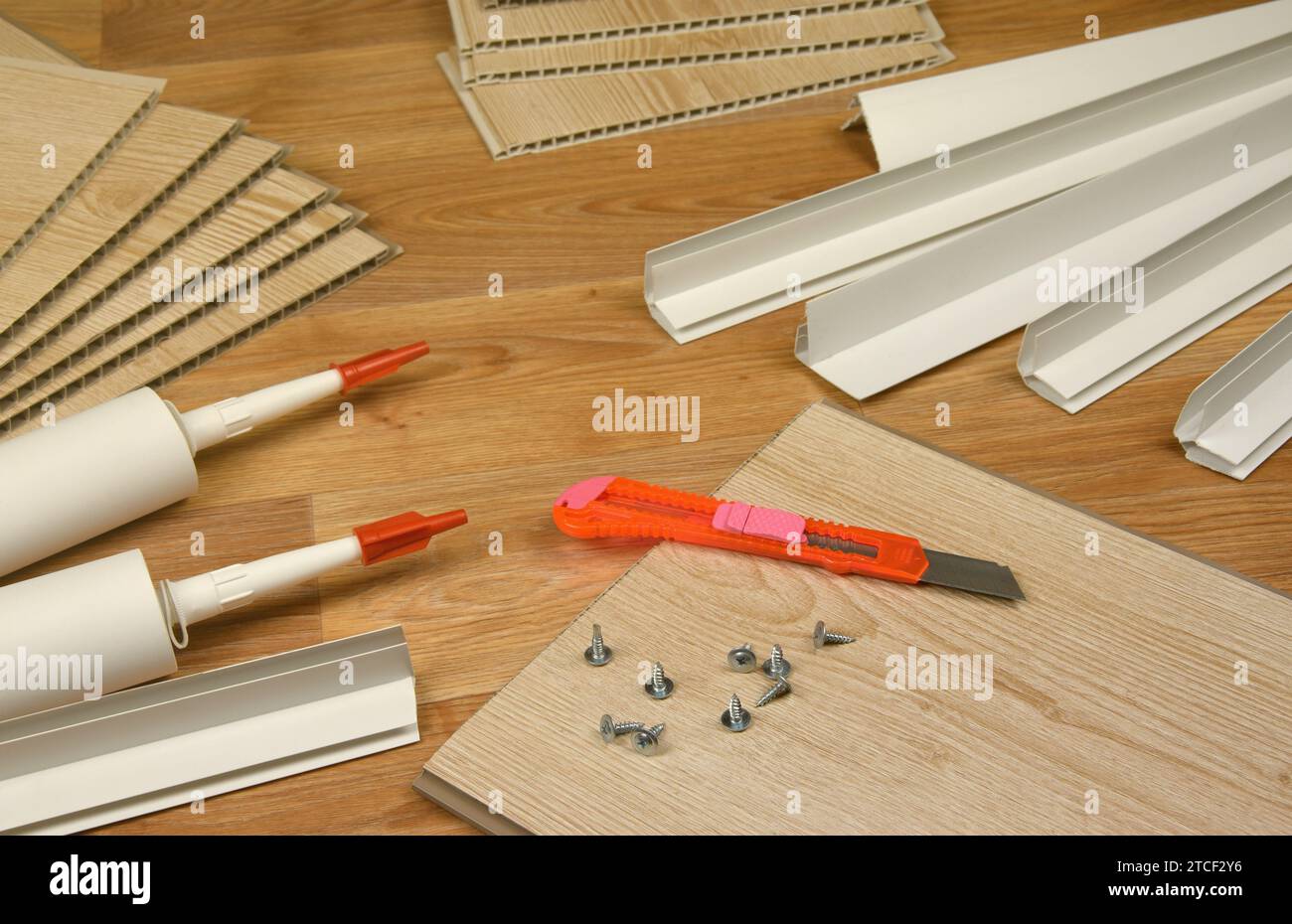 Set of items for PVC ceiling indoor works. Assembly adhesive bottles ...