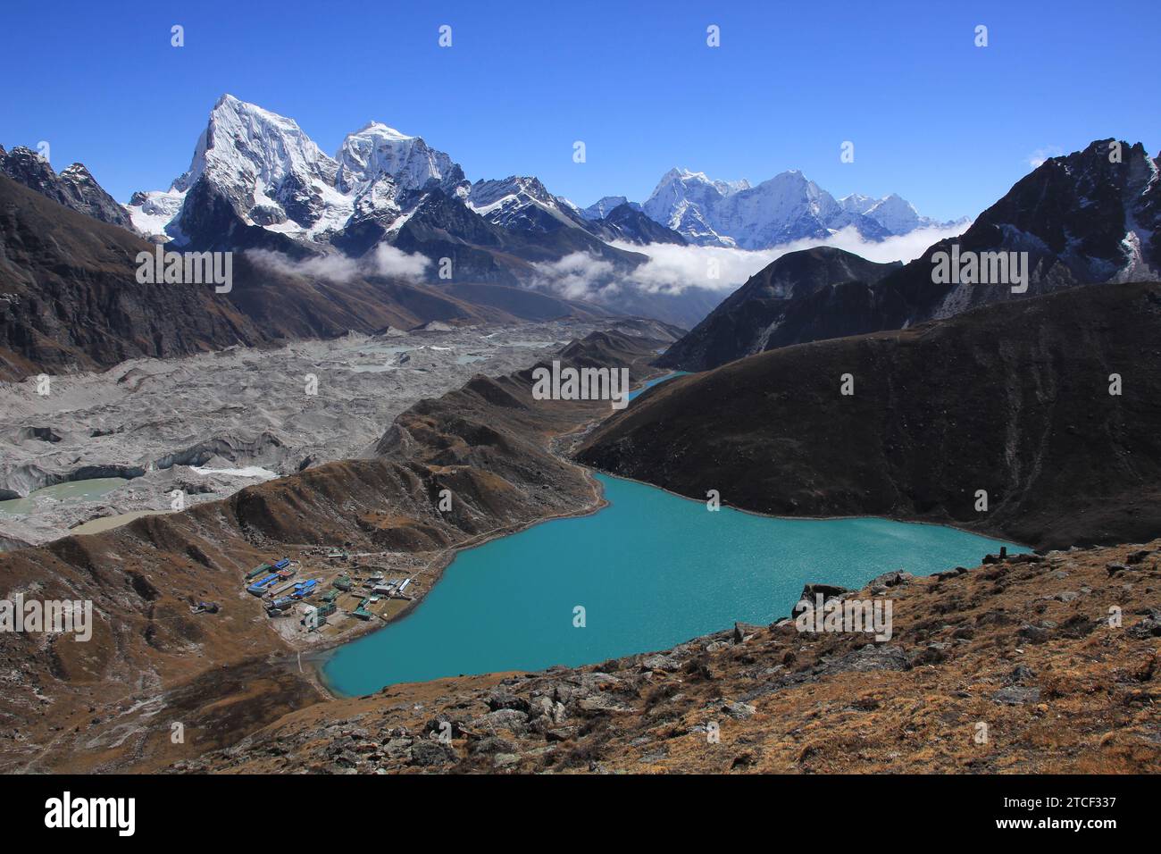 Turquoise Lake Dudh Pokhari and lodges in Gokyo, Nepal Stock Photo - Alamy